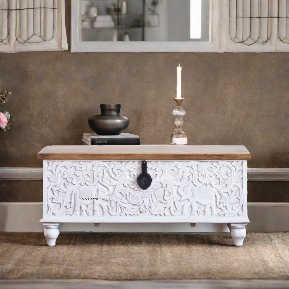 Wooden Trunk Box White Color Polished,home Decor Carved Storage Box ...