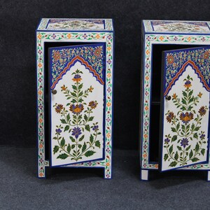 Wooden Mango Wood Solid Bedside Table With Painted,white and Blue Color ...