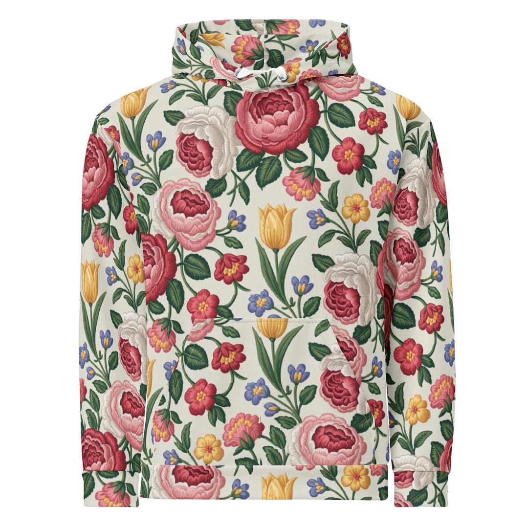 Vintage-inspired Botanical Hoodie - Cream With Pink Roses Yellow Tulips ...