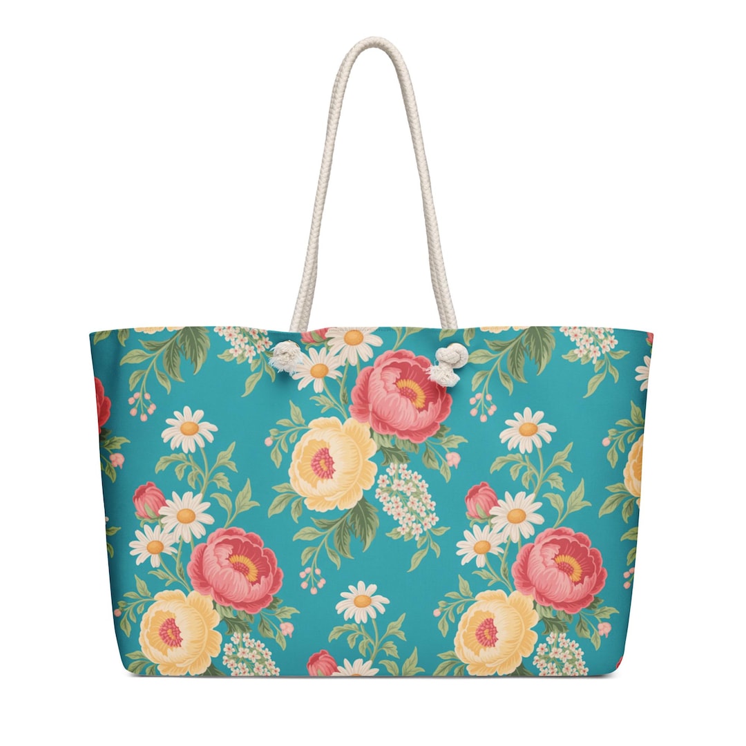 Oversized Floral Weekender Tote Bag - Teal Blue With Pink & Yellow ...