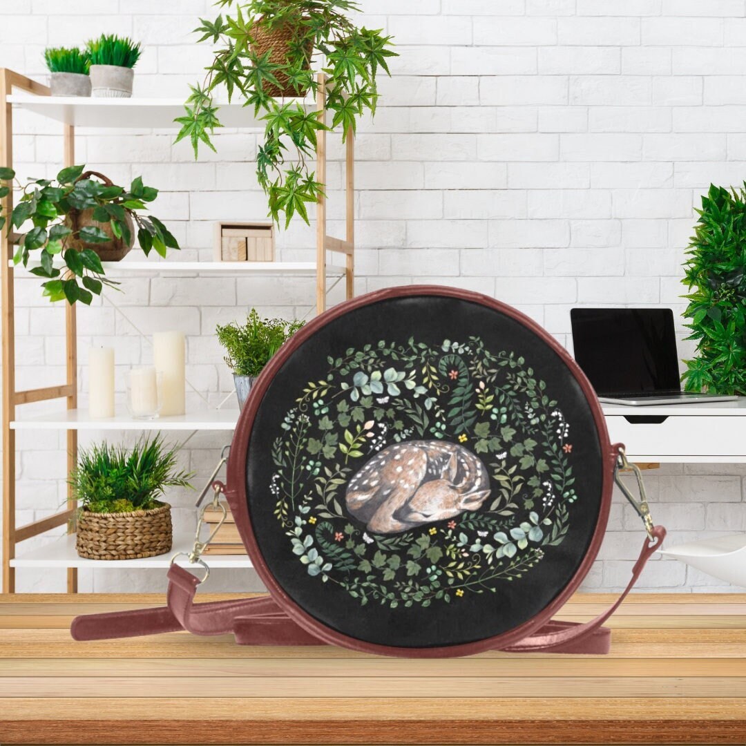 Floral Fawn Crossbody Bag, Deer Greenery Round Purse, Boho Messenger ...