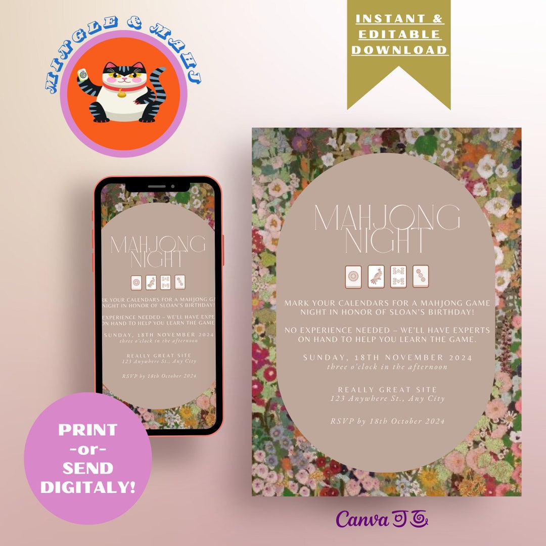 Colorful Preppy Mahjong Lesson Party Invitation - Customizable Instant ...