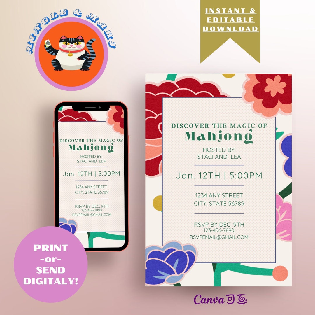 Colorful Preppy Mahjong Lesson Party Invitation - Customizable Instant ...