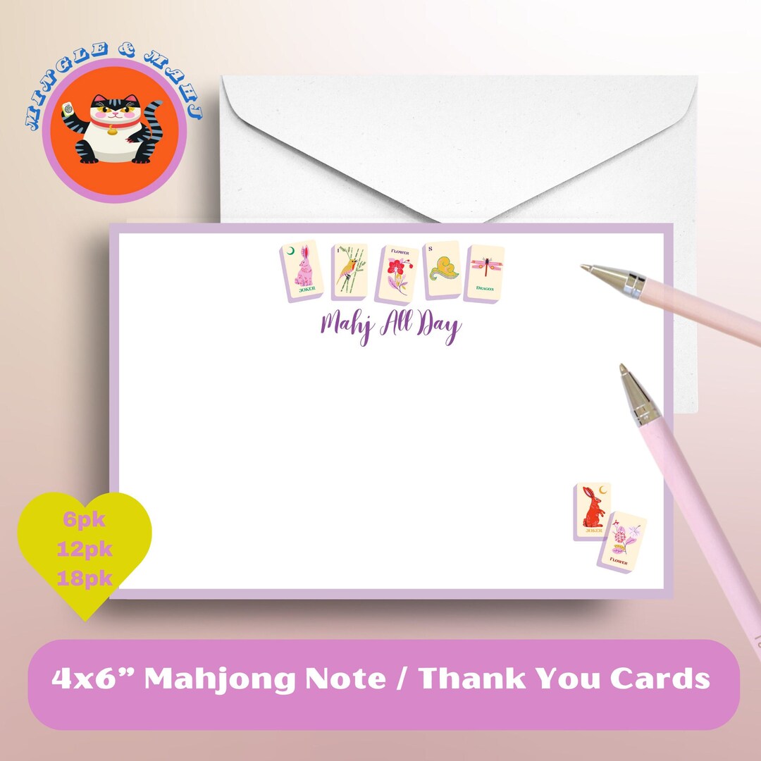 Mahjong 4x6 Stationery Flat Note Cards - Perfect for Notes, Thank You ...