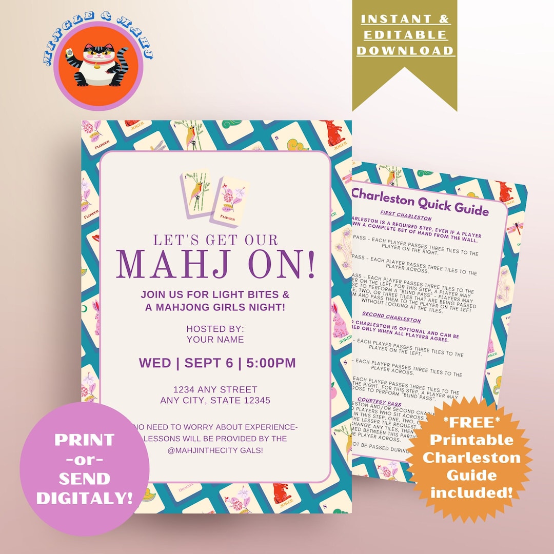 Mahjong Party Invitation: Mahj on Night, Editable Template (digital ...