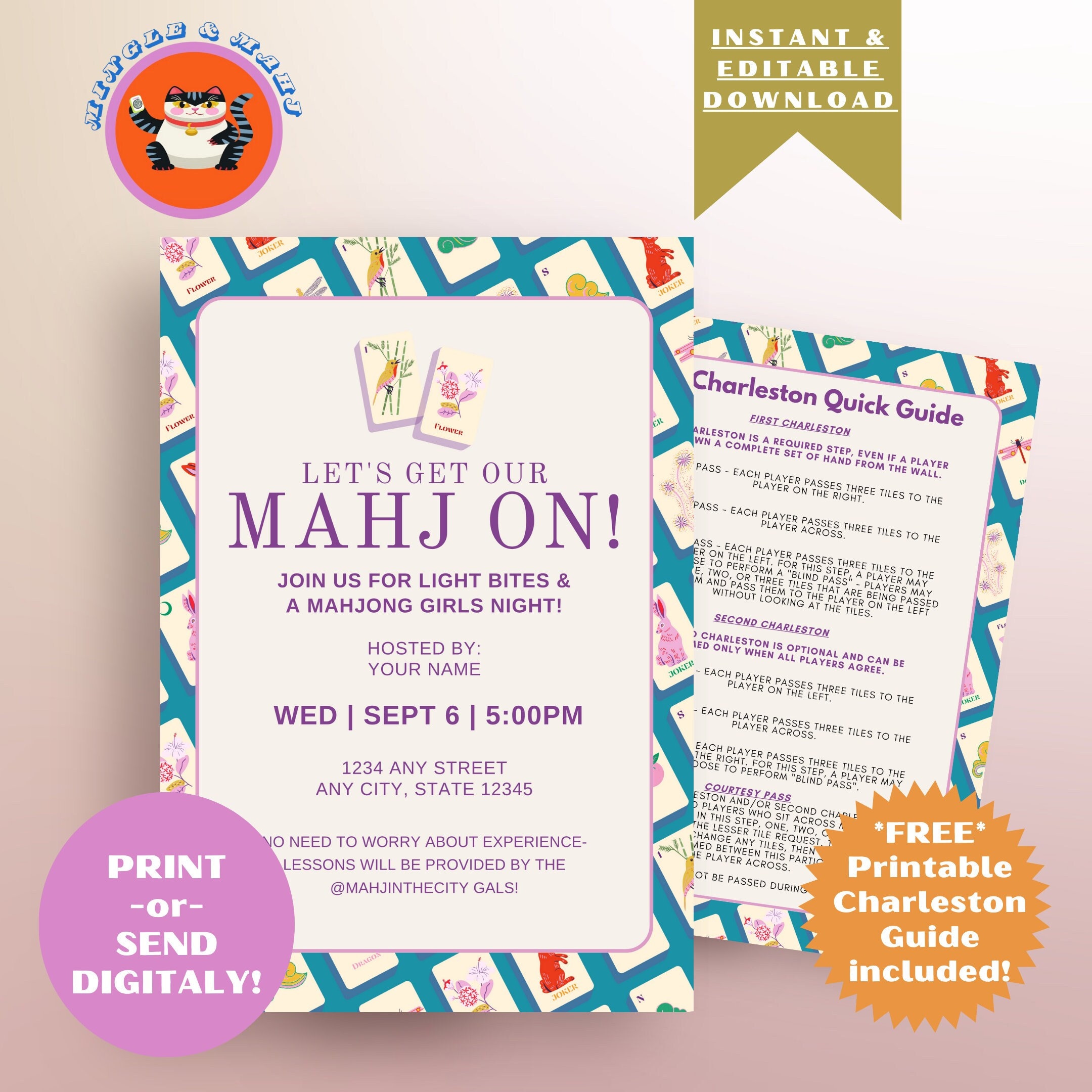 Mahjong Party Invitation: Mahj on Night, Editable Template (digital ...
