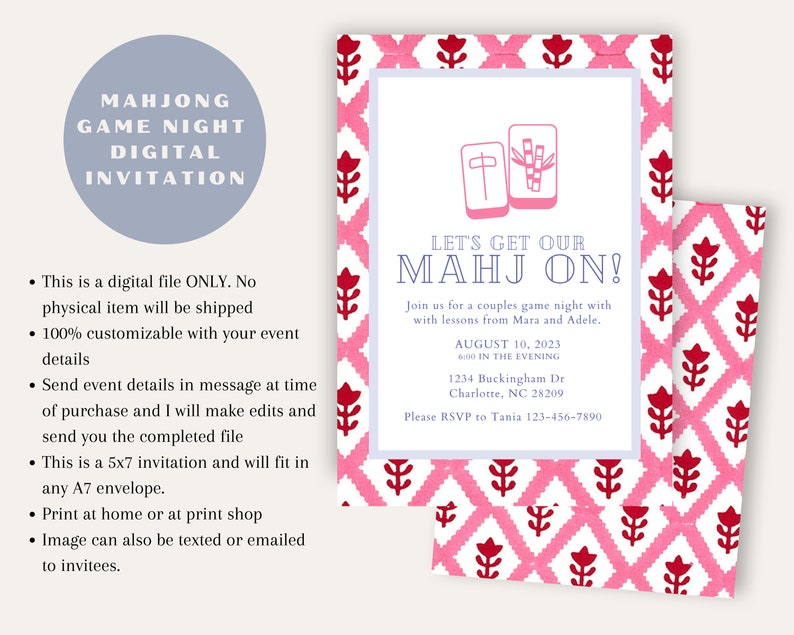 Mahjong Party Invitation Mahj on Party Mahjong Lessons Invite Printable ...