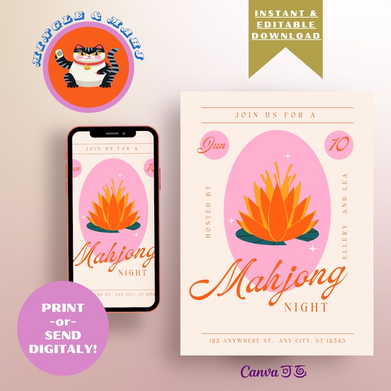 Colorful Preppy Mahjong Lesson Party Invitation - Customizable Instant ...