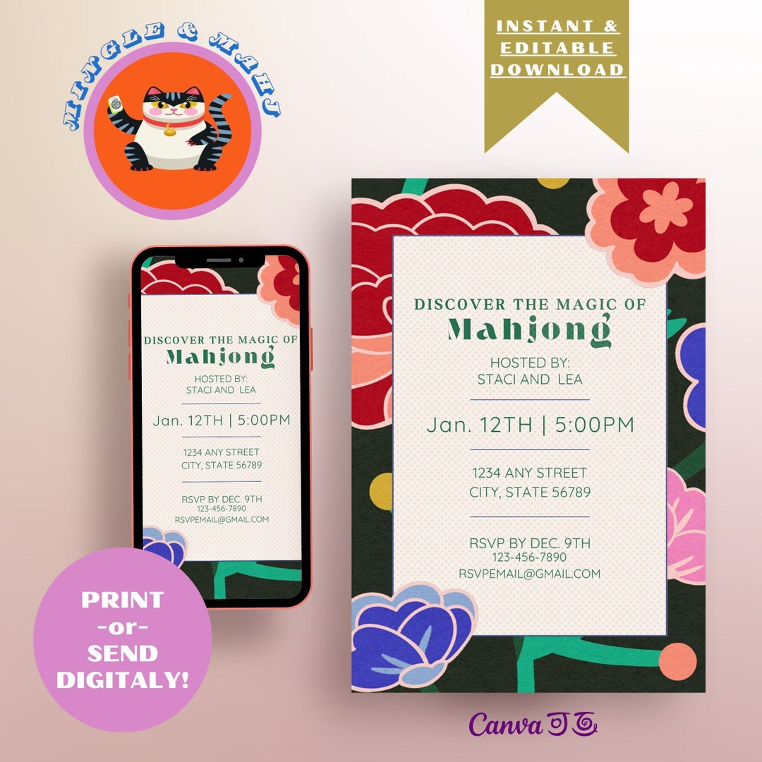 Colorful Preppy Mahjong Lesson Party Invitation Customizable Instant ...