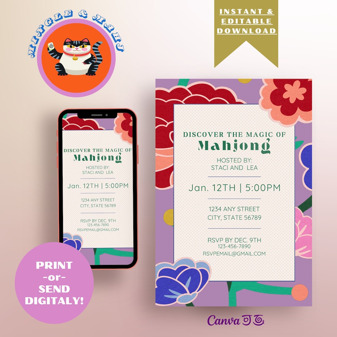 Colorful Preppy Mahjong Lesson Party Invitation - Customizable Instant ...