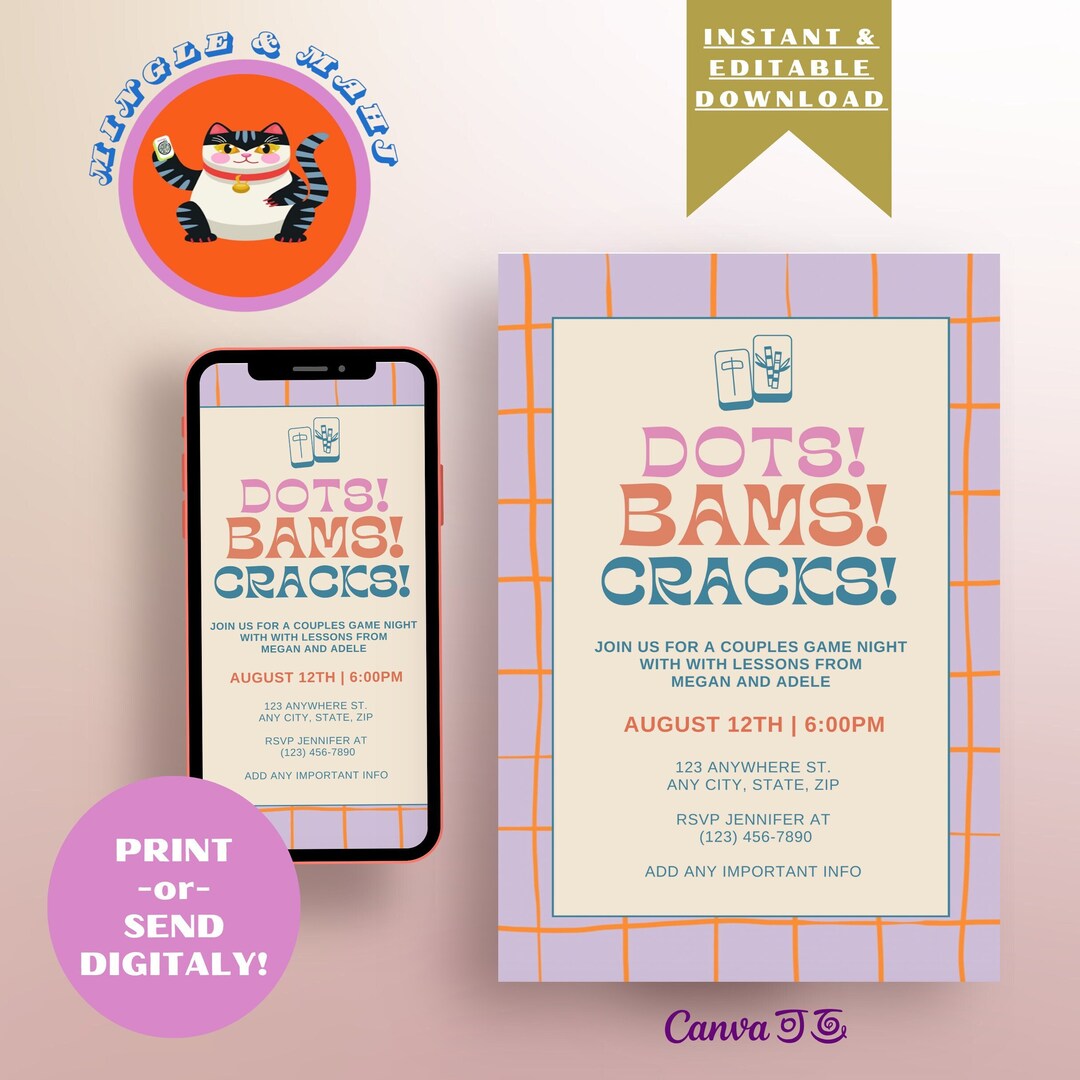 Mahjong Party Invitation Mahj on Party Mahjong Lessons Invite Printable ...