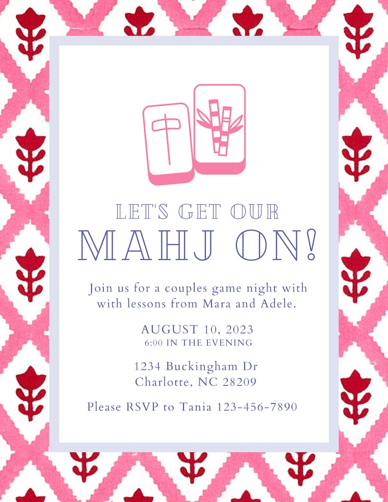 Mahjong Party Invitation Mahj on Party Mahjong Lessons Invite Printable ...