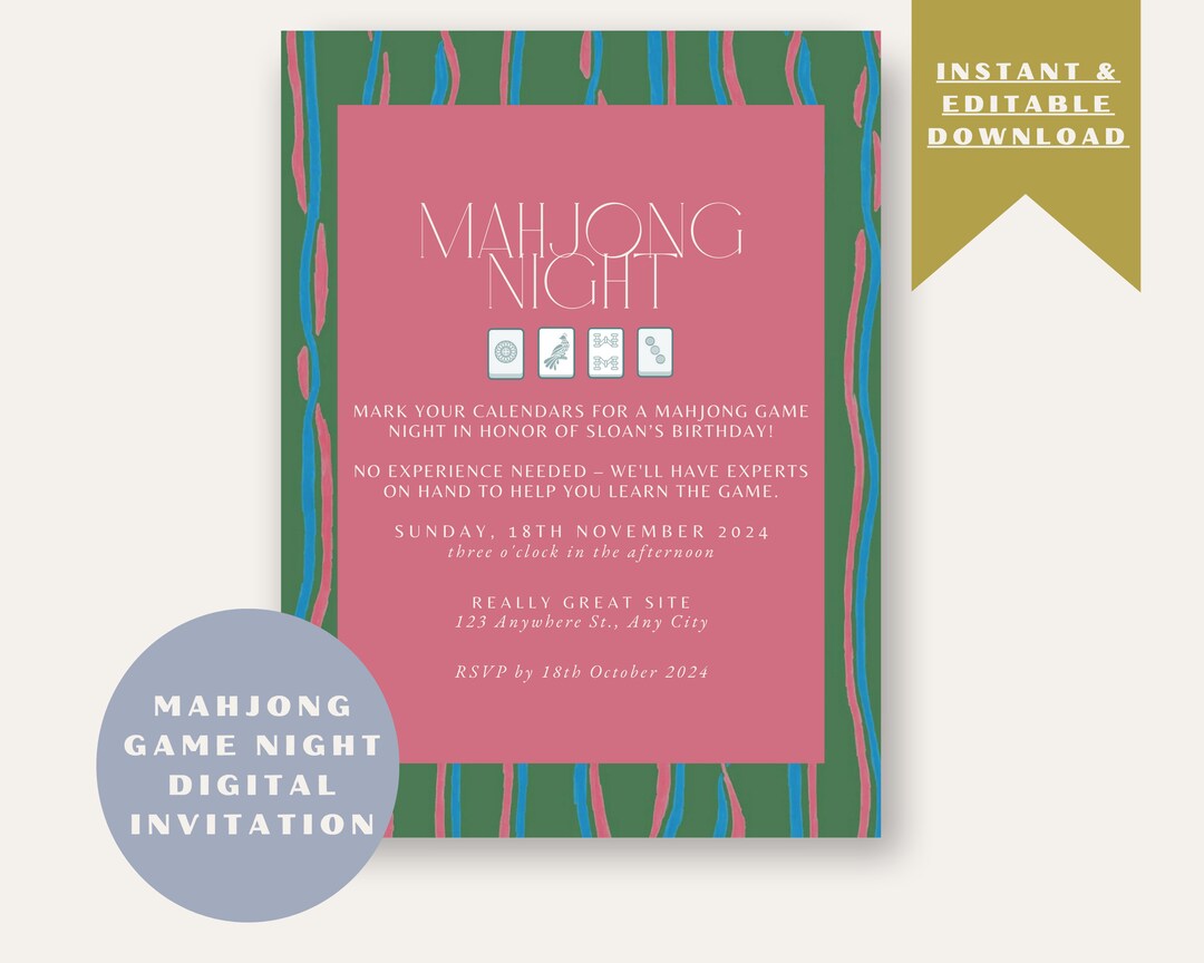 Instant Digital Mahjong Party Invitation Mahjong Lessons Invite ...
