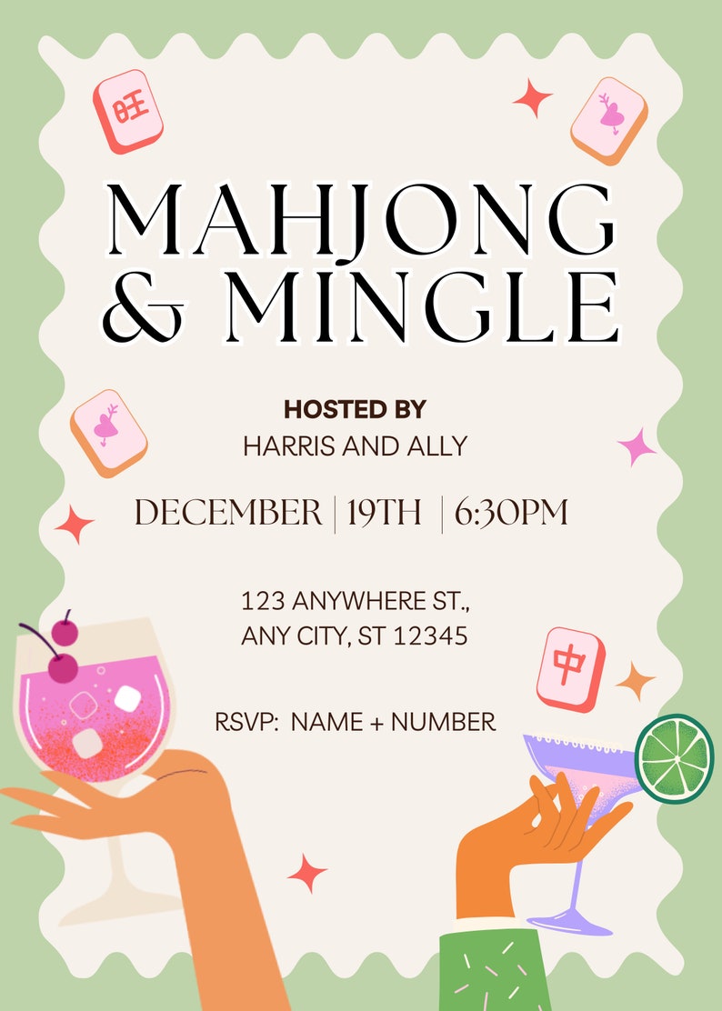 Colorful Preppy Mahjong Lesson Party Invitation - Customizable Instant ...