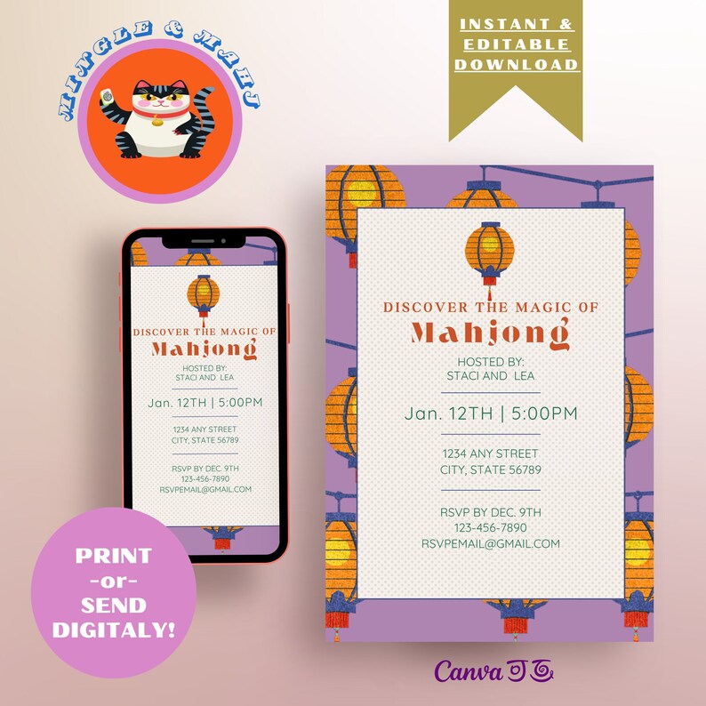 Colorful Preppy Mahjong Lesson Party Invitation - Customizable Instant ...