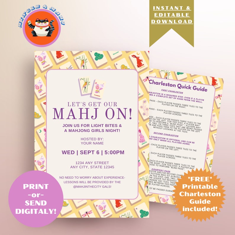 Mahjong Party Invitation Mahj on Party Mahjong Lessons Invite Printable ...