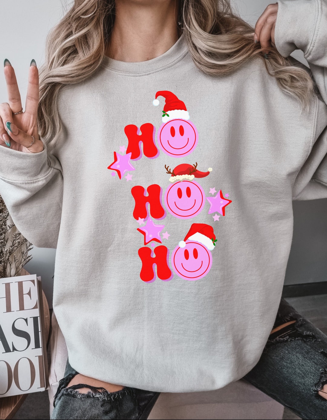 Santa Hat Reindeer Ho Ho Ho Smiley Face Pink and Red Stars - Etsy