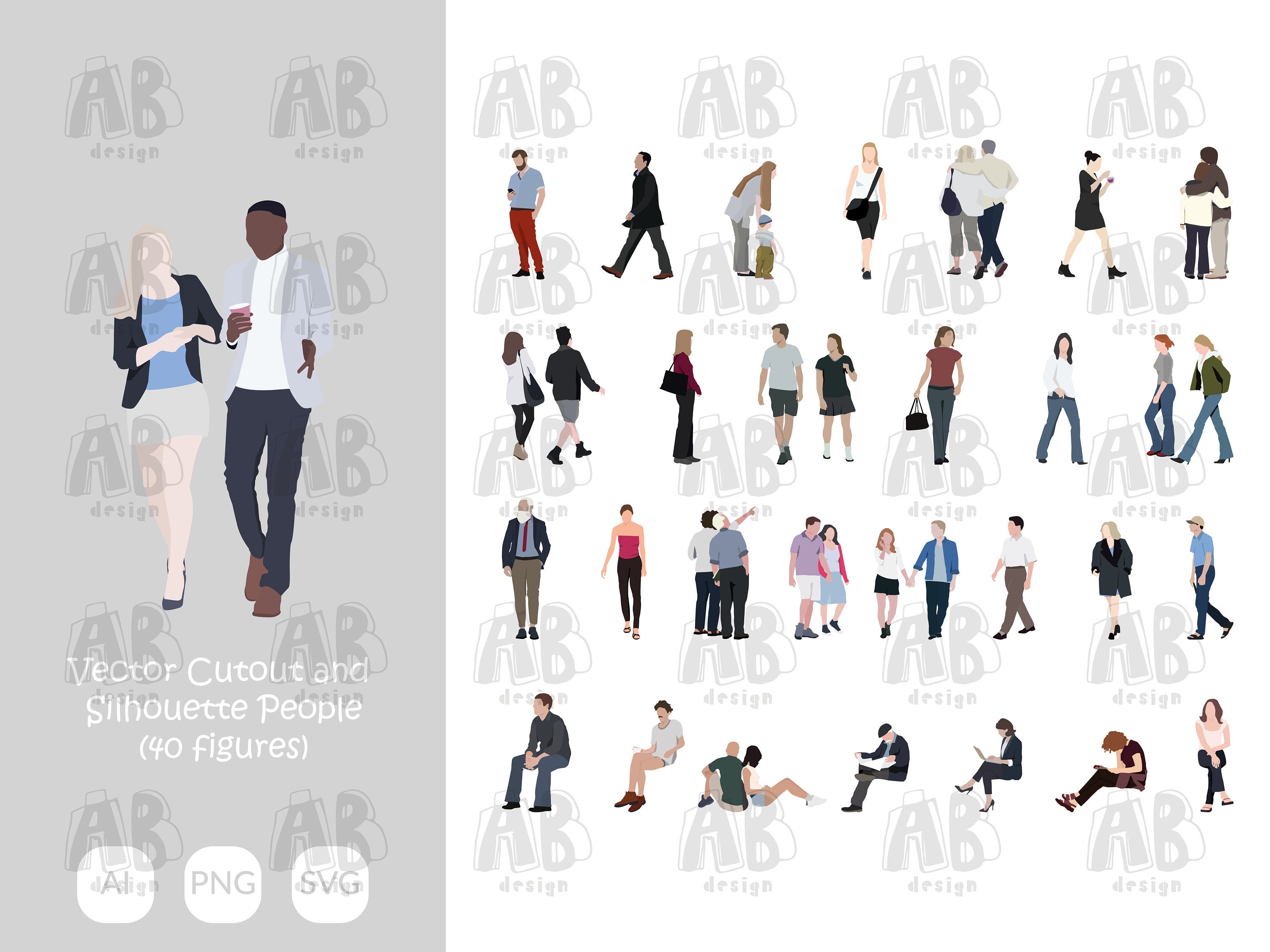 40 Figures Pack - Flat Vector Cutout and Silhouette People (AI - Png ...