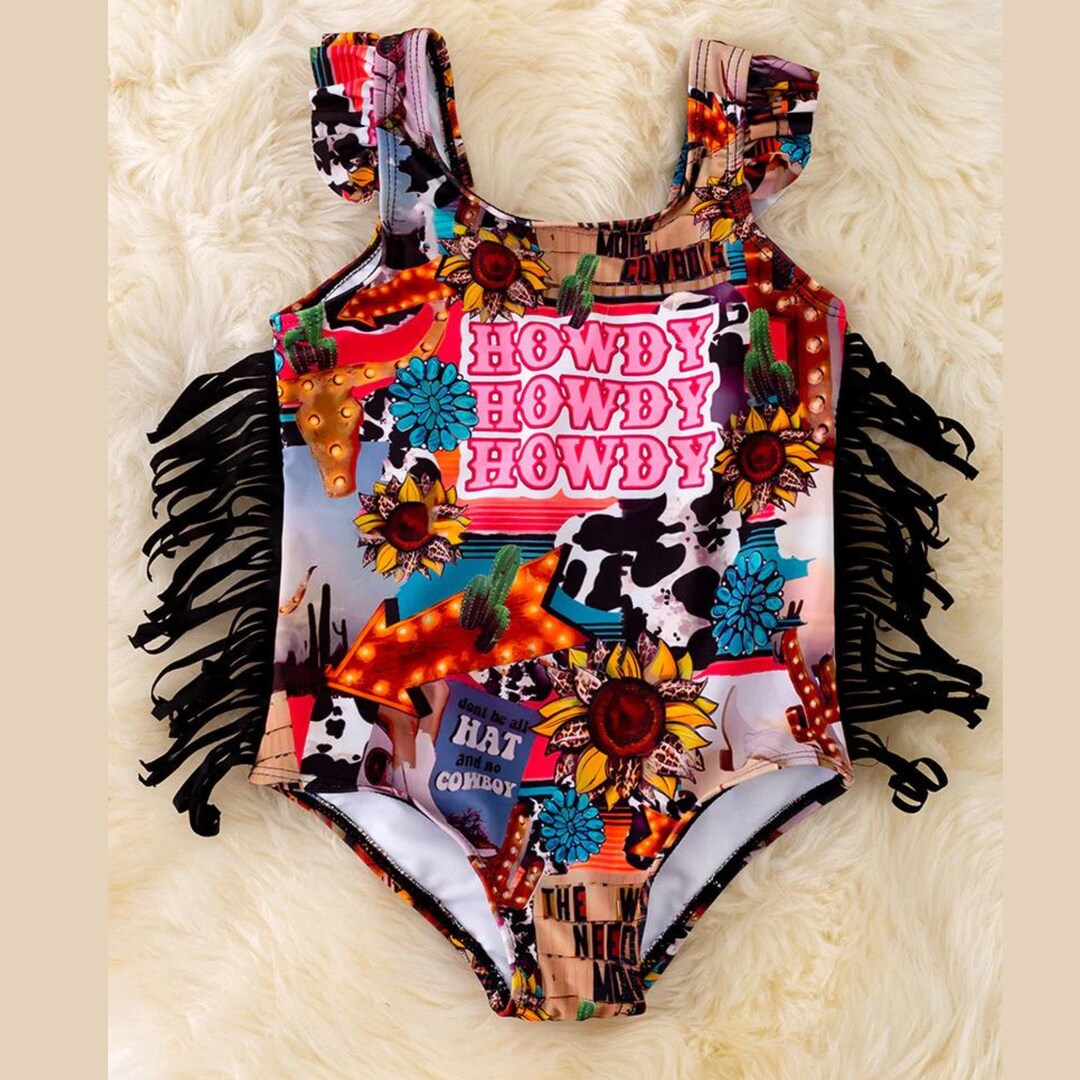 Howdy Western Print Cow Swim Suit With Side Fringe Cowgirl Bathing Suit ...