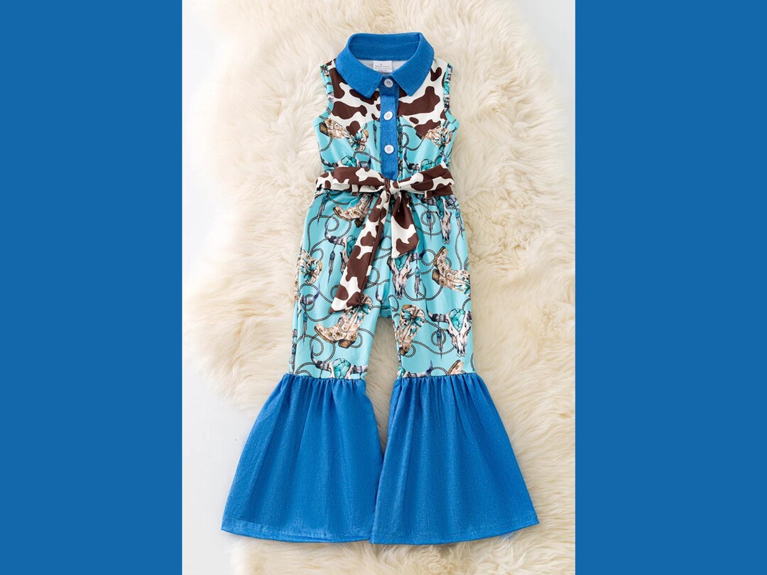 Children’s Cowgirl Denim Romper for Western Rodeo Bell Bottom Jumpsuit ...