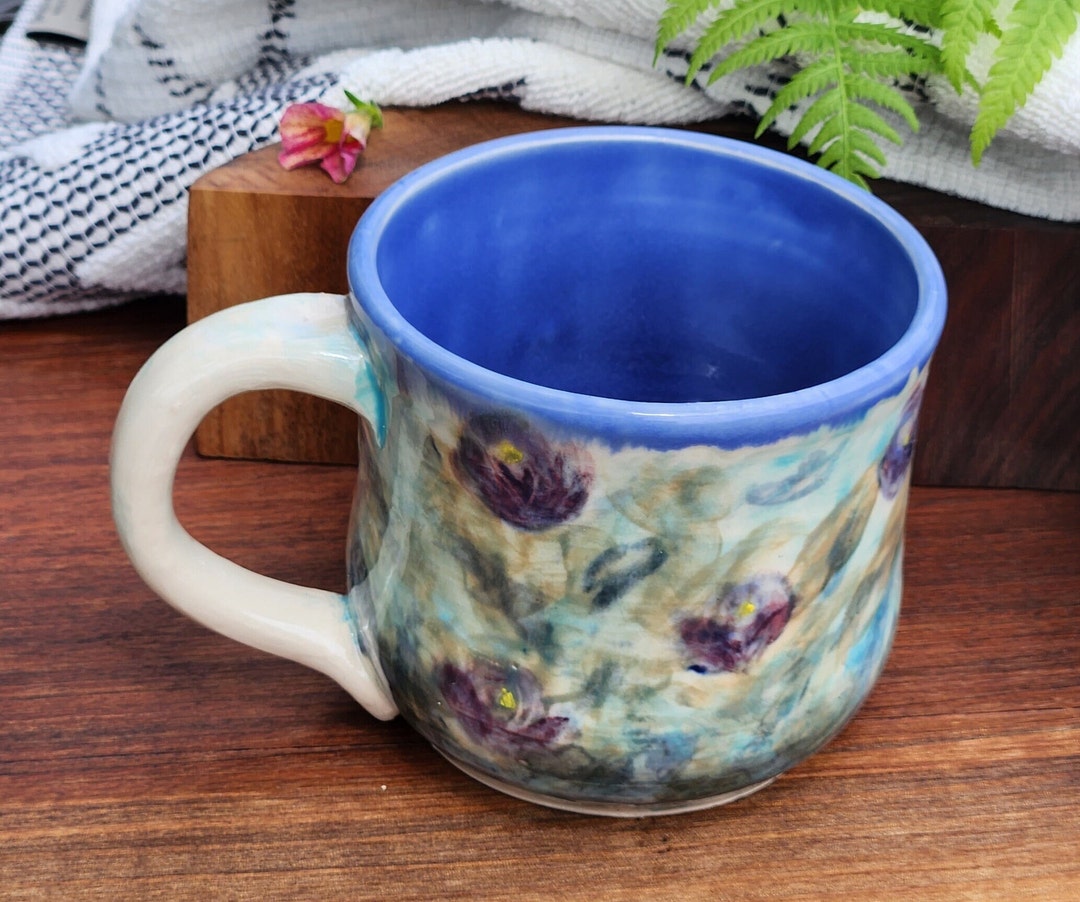 14 Fl Oz. Flower Handmade Pottery Mug, Hand Painted Floral Mug ...