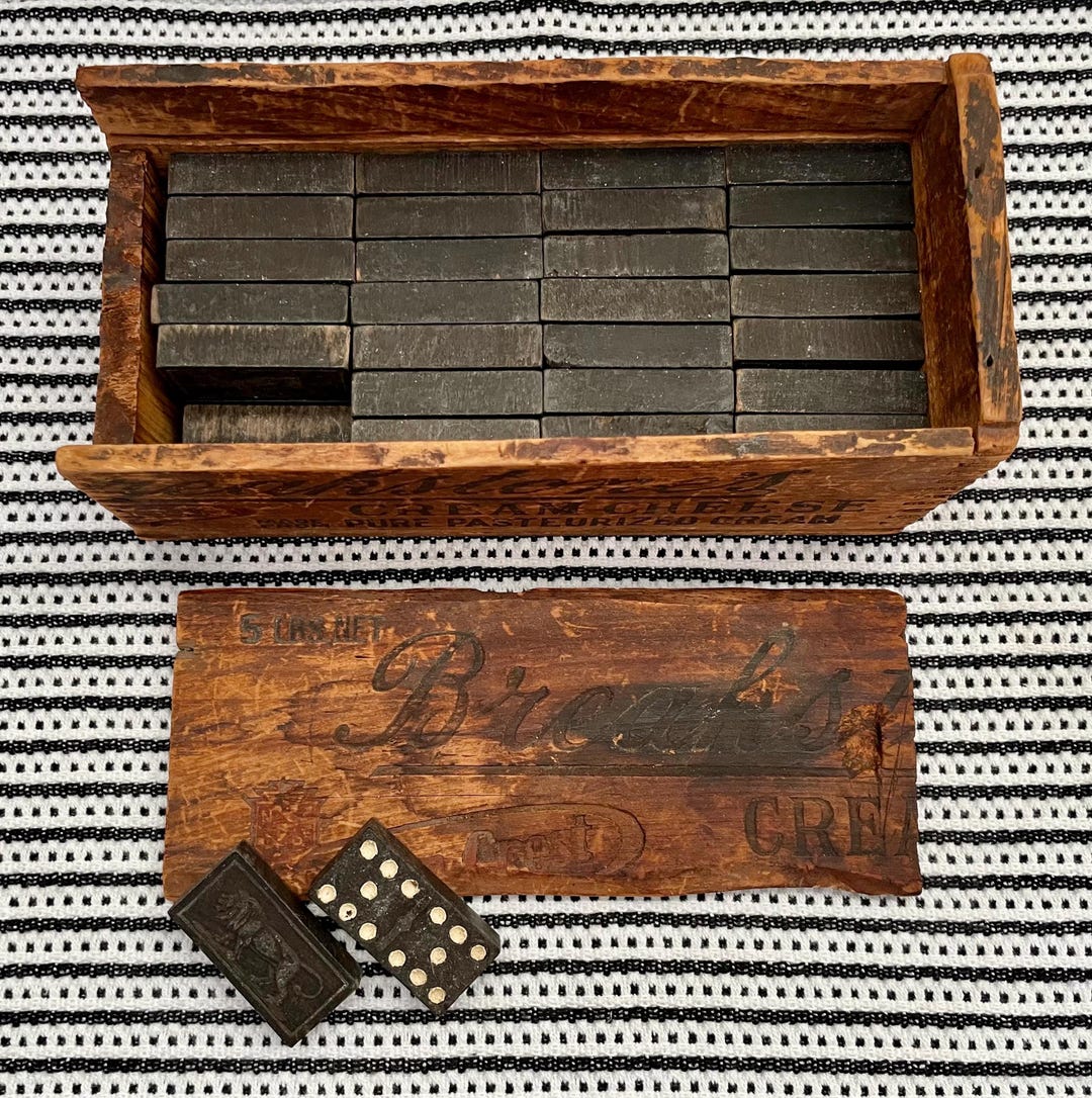Early Black Lion Wood Domino Double Nine 56 Piece Set With Unique Old ...