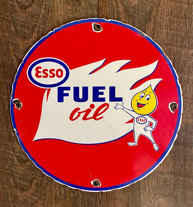 Vintage ESSO FUEL OIL Gas Station Pump 12" Round Porcelain Sign - Etsy