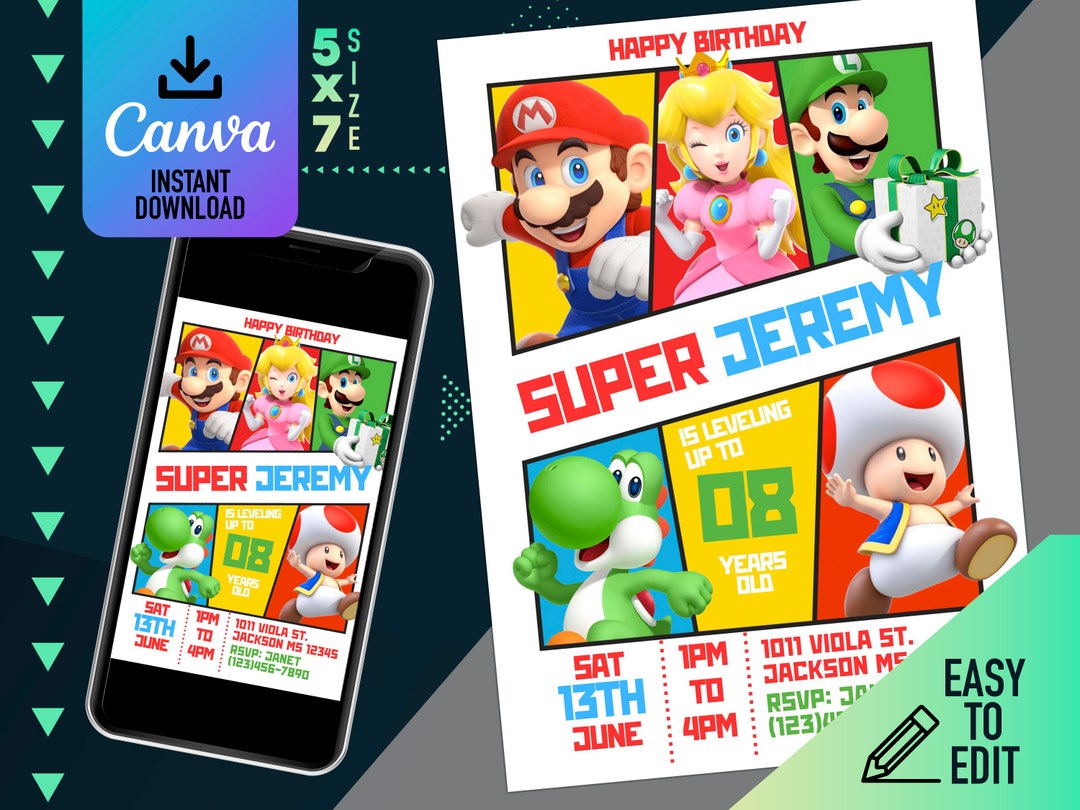 Super Mario Digital Birthday Invitation | Digital Template | Mario ...