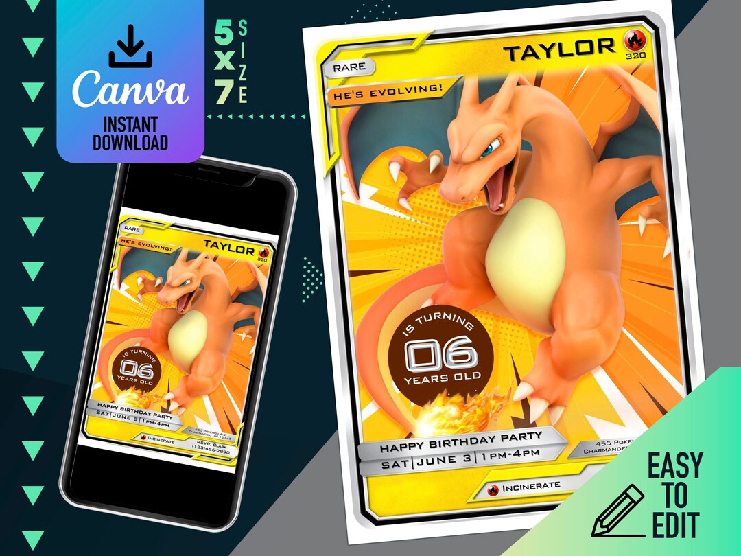 Pokemon Digital Birthday Invitation | Digital Template | Charizard ...