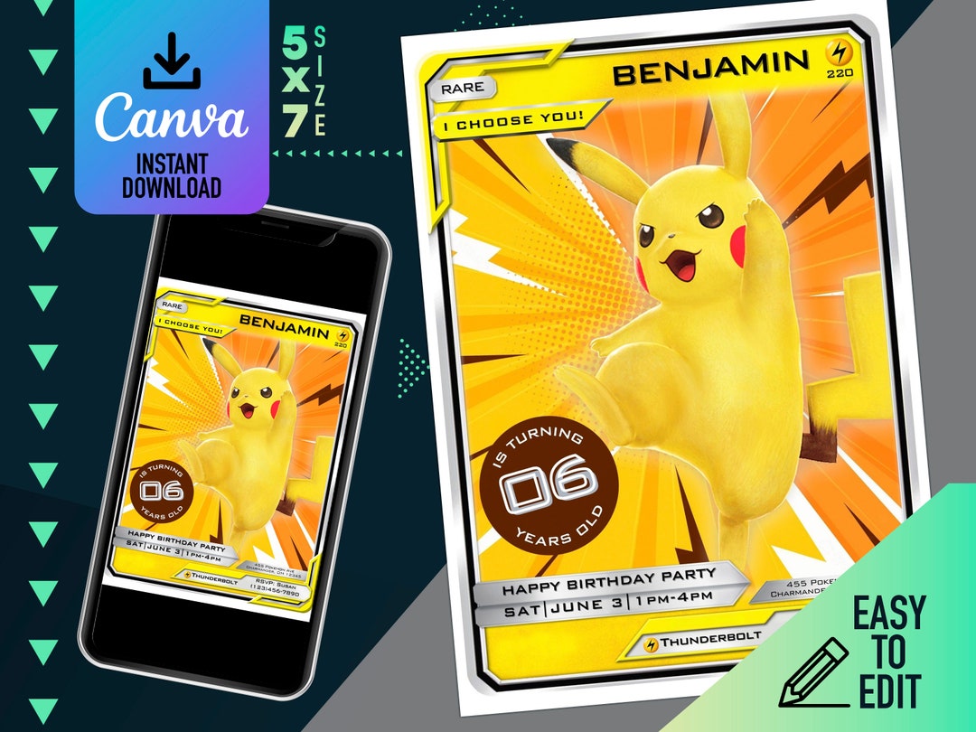 Pokemon Digital Birthday Invitation Digital Template Pikachu Template ...