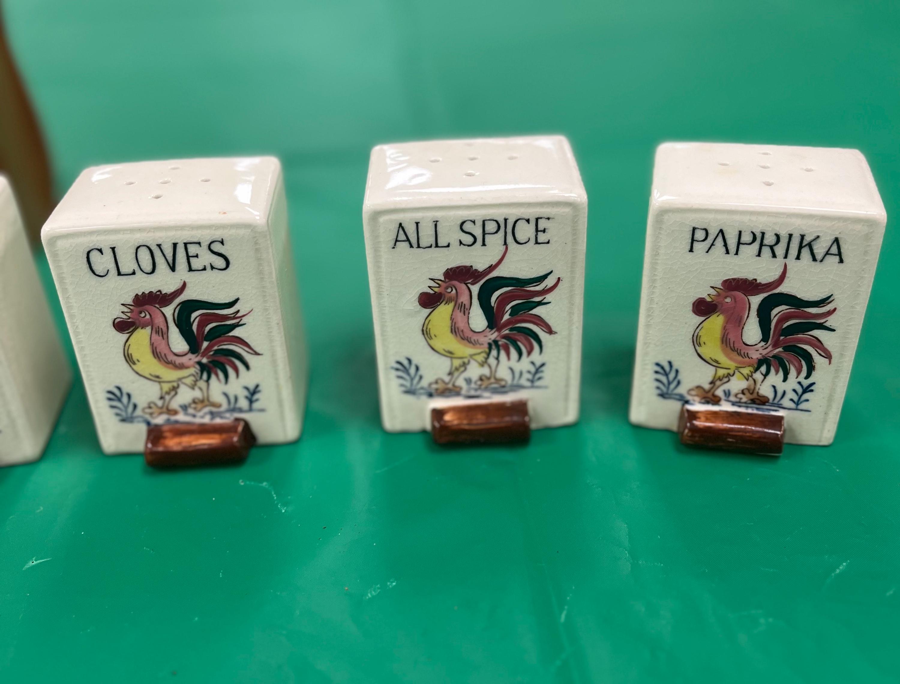 Vintage Rooster SPICE RACK With Nine Spice Shakers. Some Crazing and ...