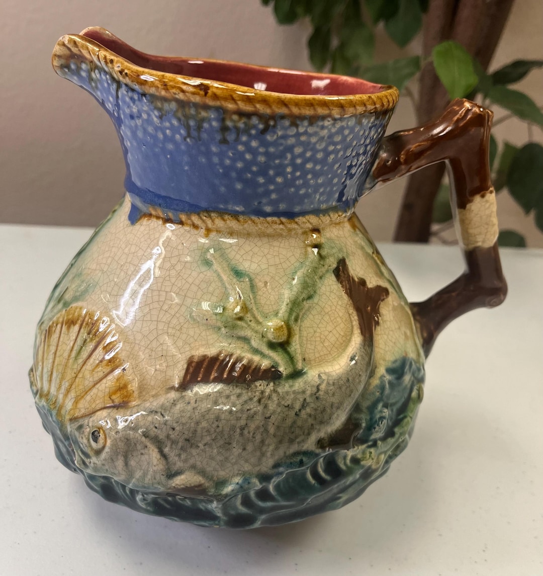 Antq MAJOLICA Fish and Shell PITCHER From the 19th Century - Etsy
