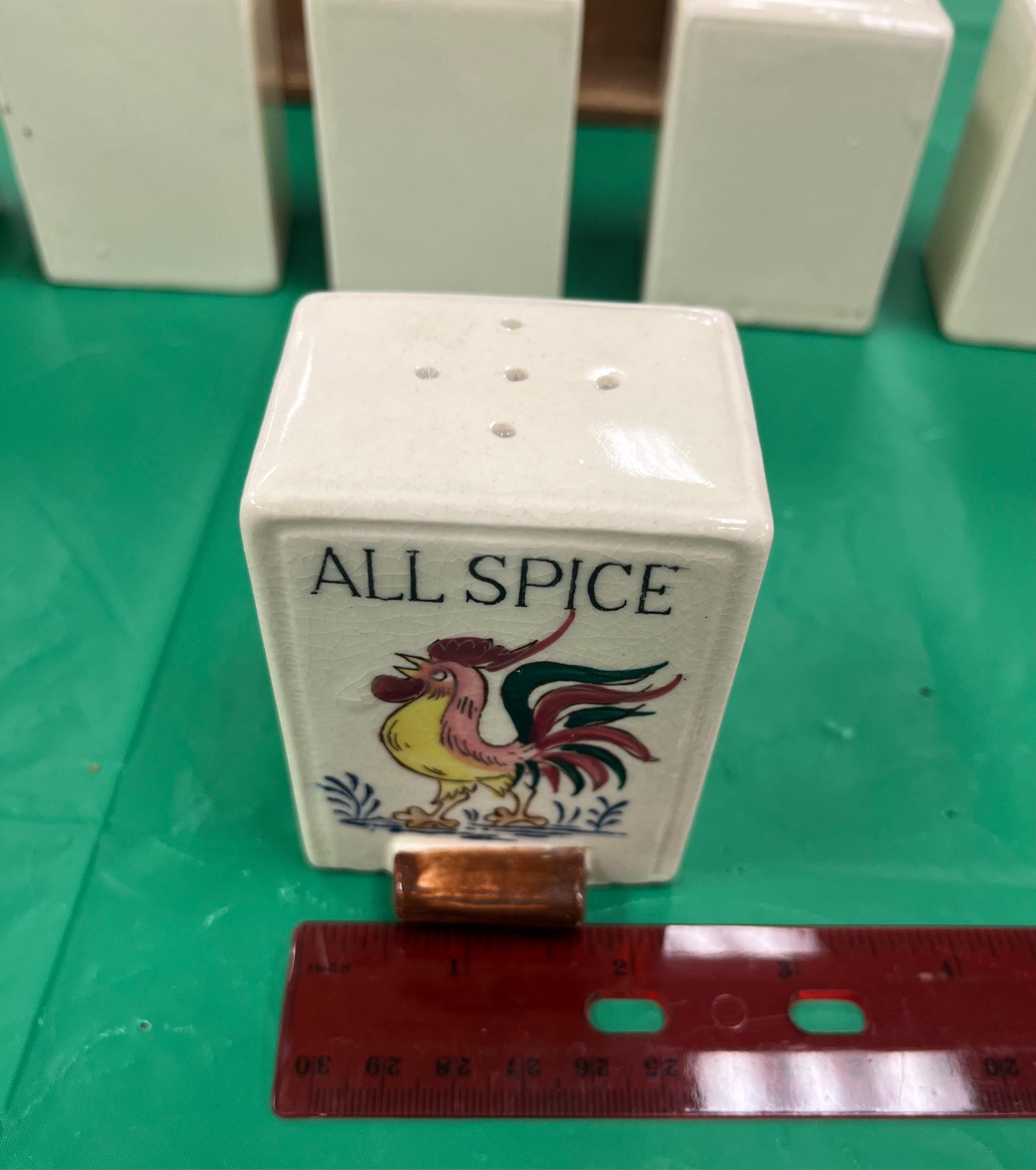 Vintage Rooster SPICE RACK With Nine Spice Shakers. Some Crazing and ...