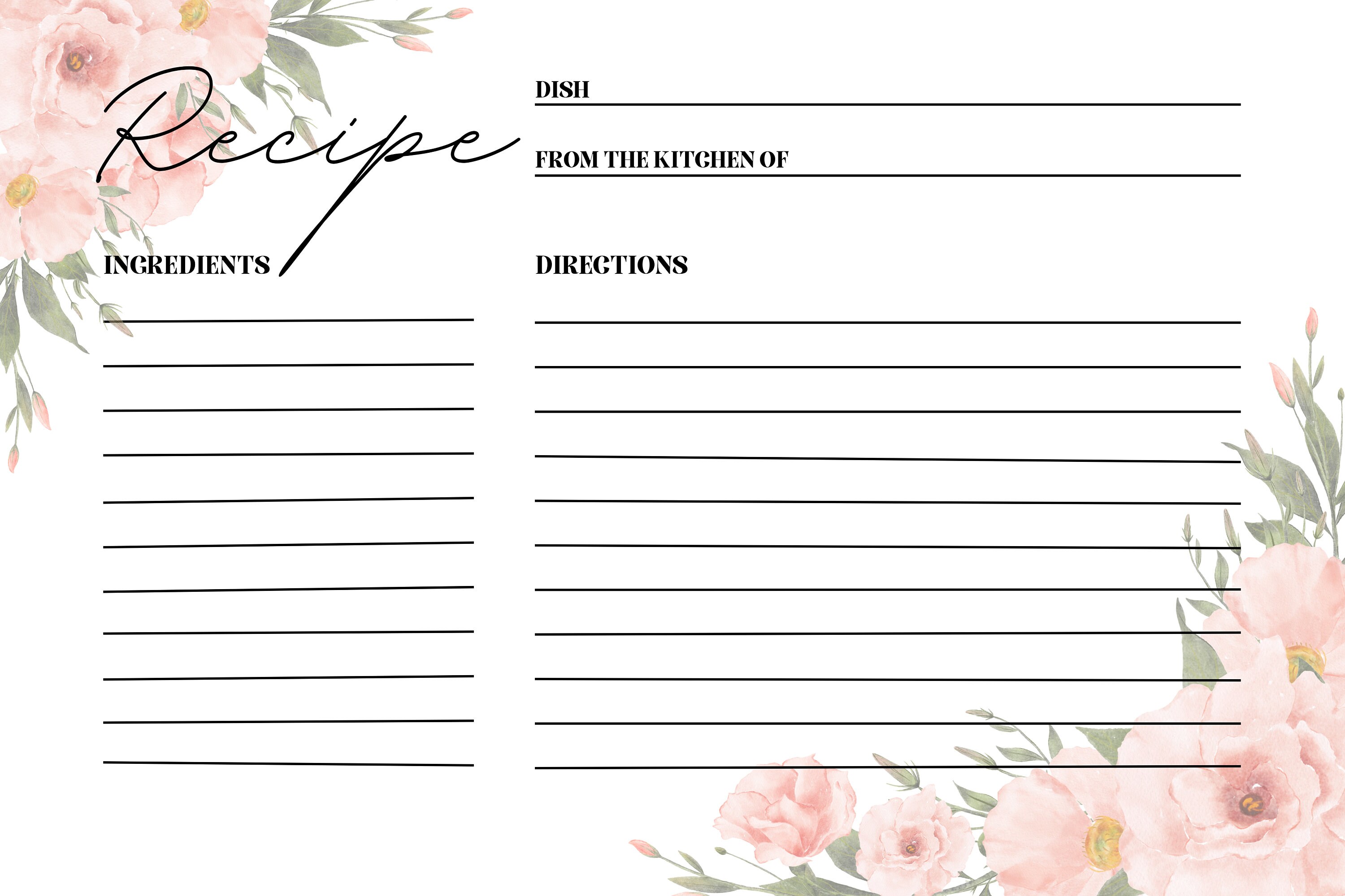 Pink Floral Recipe Card Template - Etsy