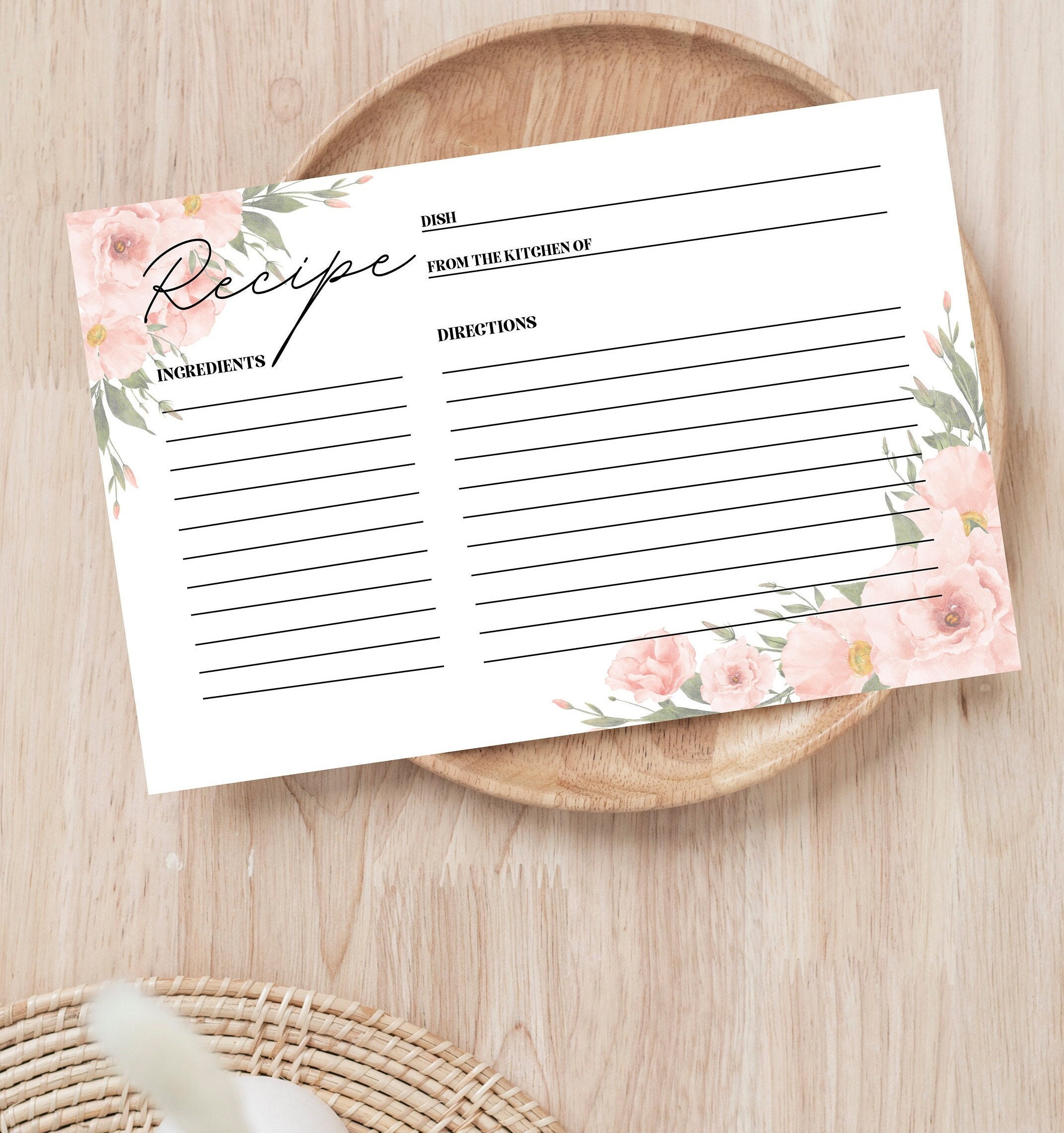 Pink Floral Recipe Card Template - Etsy
