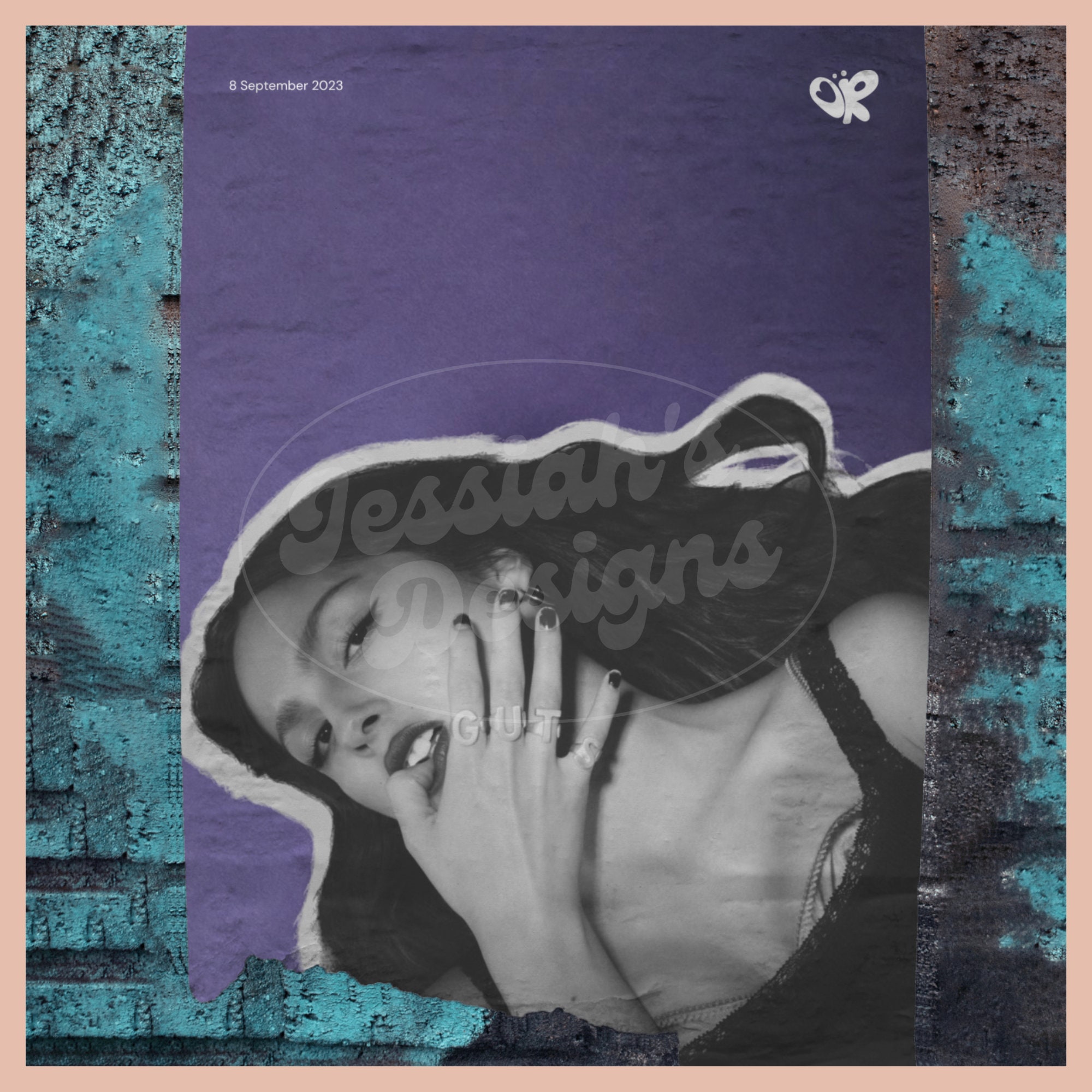Olivia Rodrigo Guts Album Cover Poster, Edgy OR2 Purple B&W Art Print ...