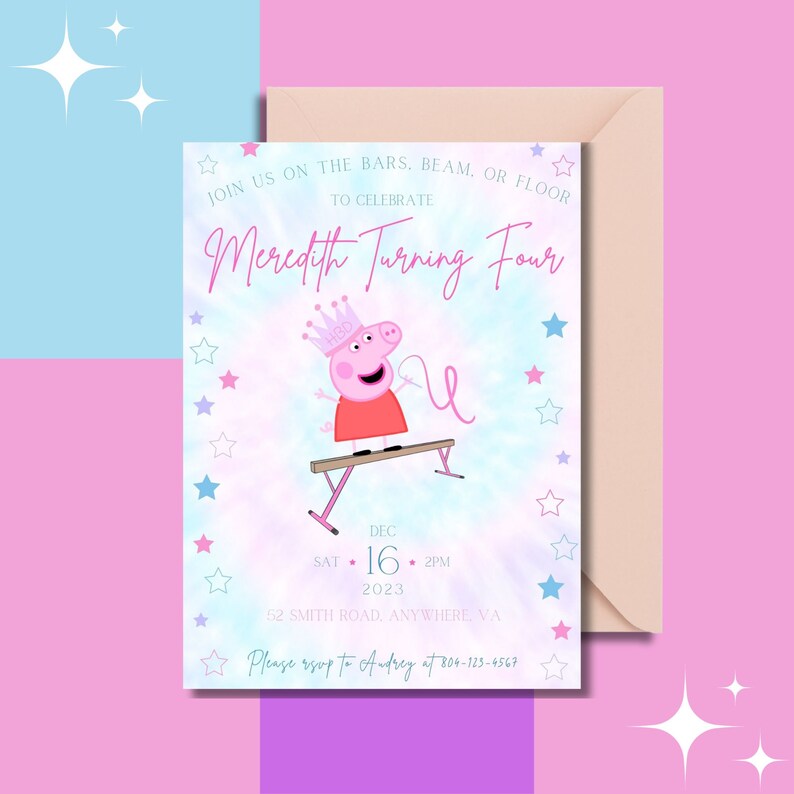 Peppa Pig Invitation, Gymnastics Birthday Party, Birthday Invitation ...
