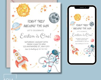 First Trip Around the Sun Astronaut Birthday Party Invitation, 1st Birthday Space Invitation Boy ...