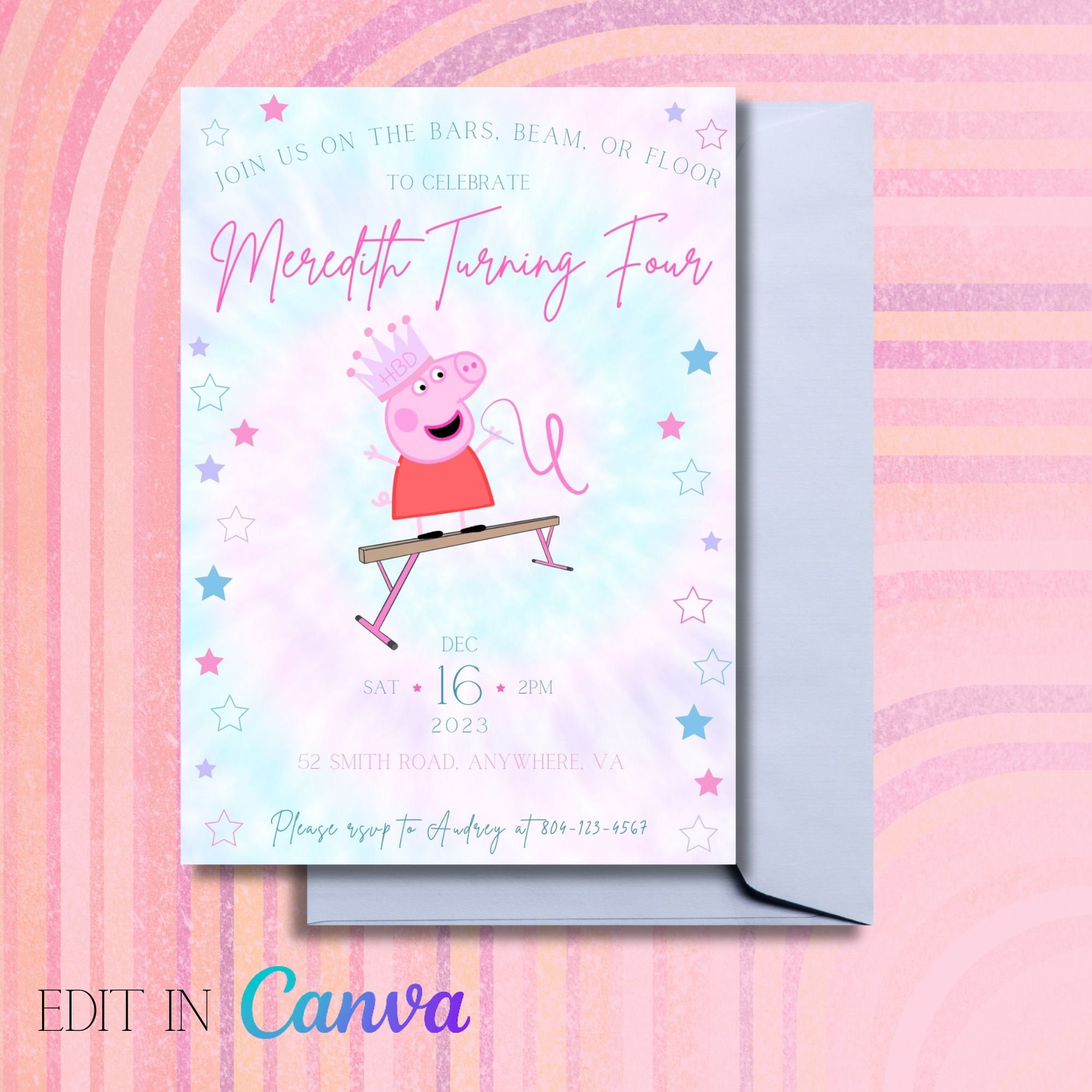 Peppa Pig Invitation, Gymnastics Birthday Party, Birthday Invitation ...