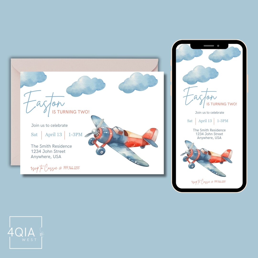 Airplane Birthday Invitation, Airplane Birthday Invite, Boys Birthday ...