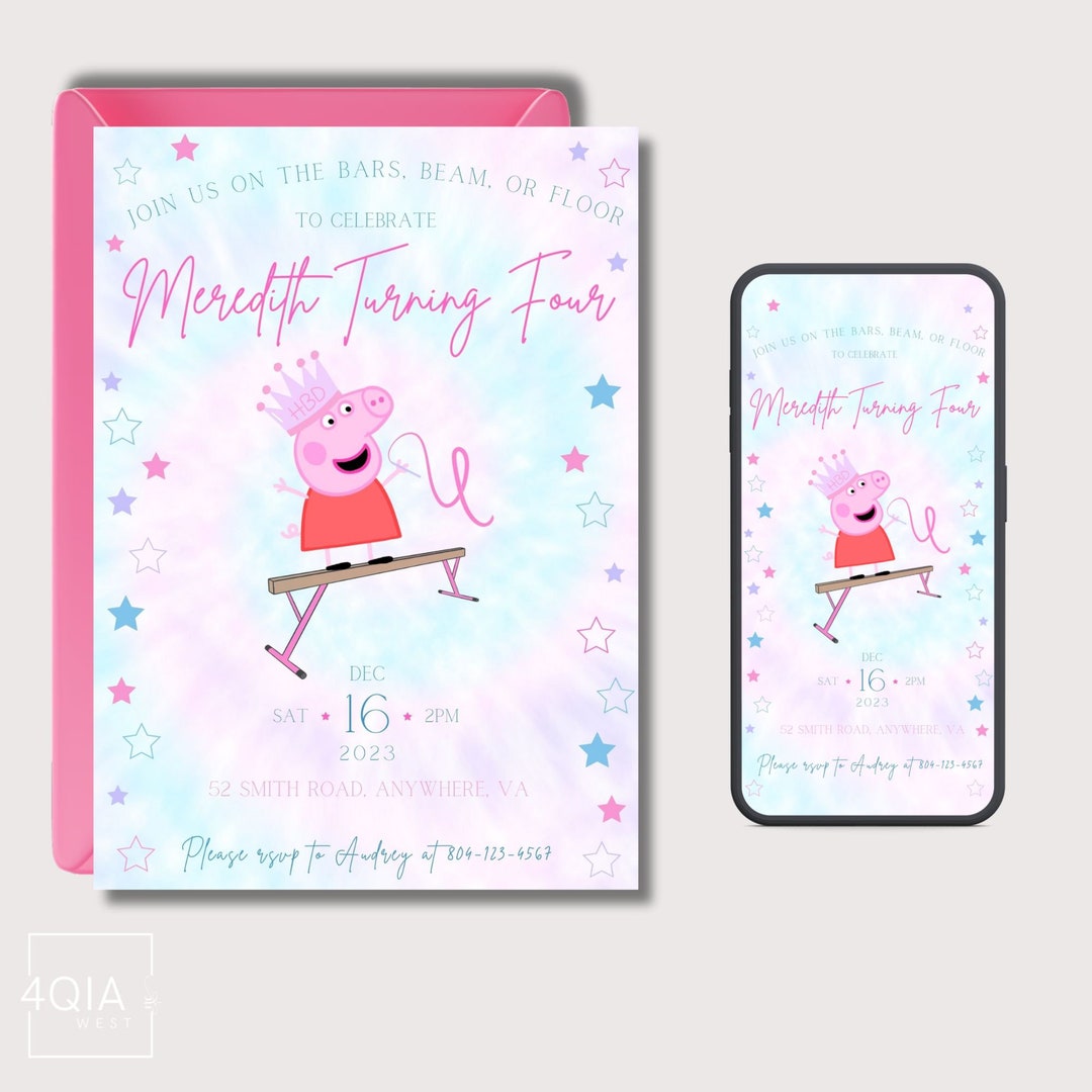 Peppa Pig Invitation, Gymnastics Birthday Party, Birthday Invitation ...