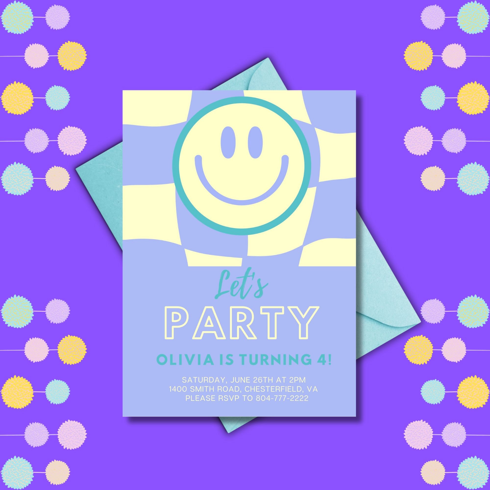 Smiley Birthday Invitation, Retro Smiley Birthday Invite and Mobile ...