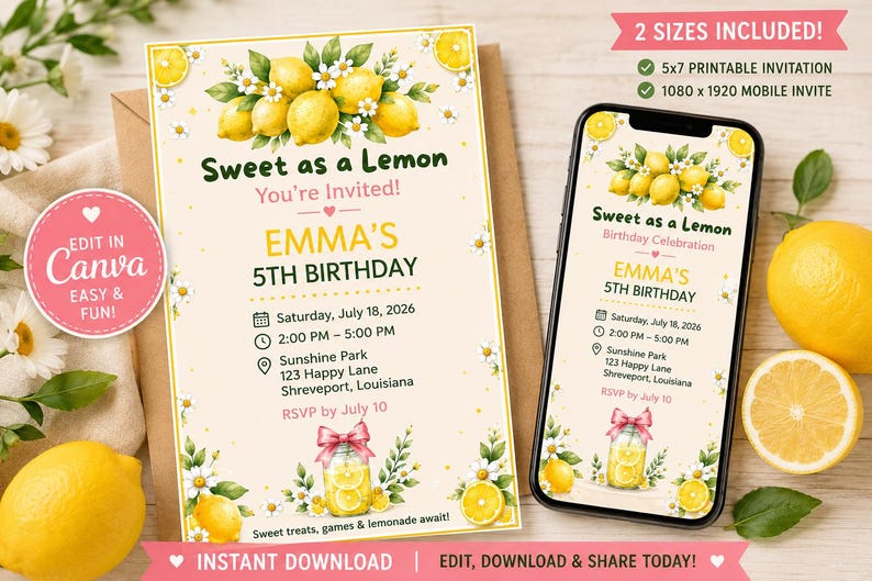 Sweet Lemon Birthday Invitation | Editable Canva Template (printable ...