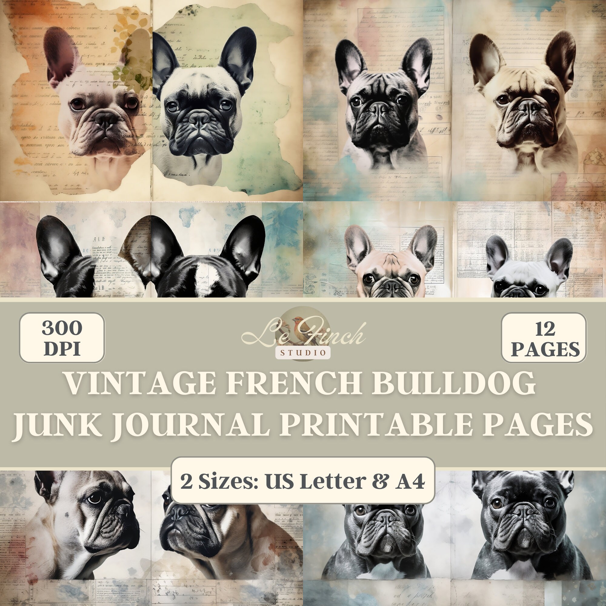 French Bulldog Printable Paper With Vintage Frenchie Digital Paper for ...