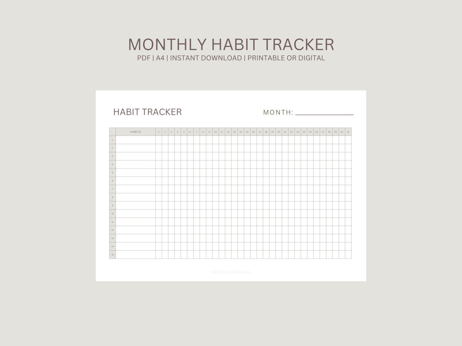 Habit Tracker, Habit Tracker Template, Monthly Habit Tracker, Neutral ...