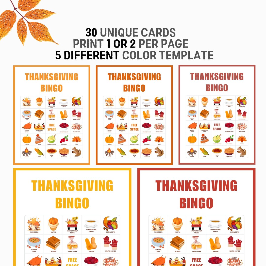 Thanksgiving Bingo 30 Cards, Printable Thanksgiving Party Games for ...
