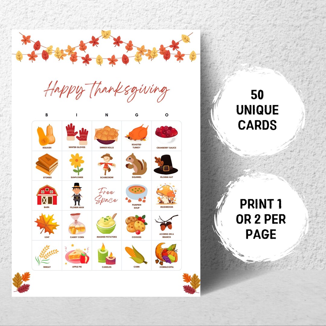 Thanksgiving Bingo for Kids and Adults, 50 Thanksgiving Bingo Cards ...