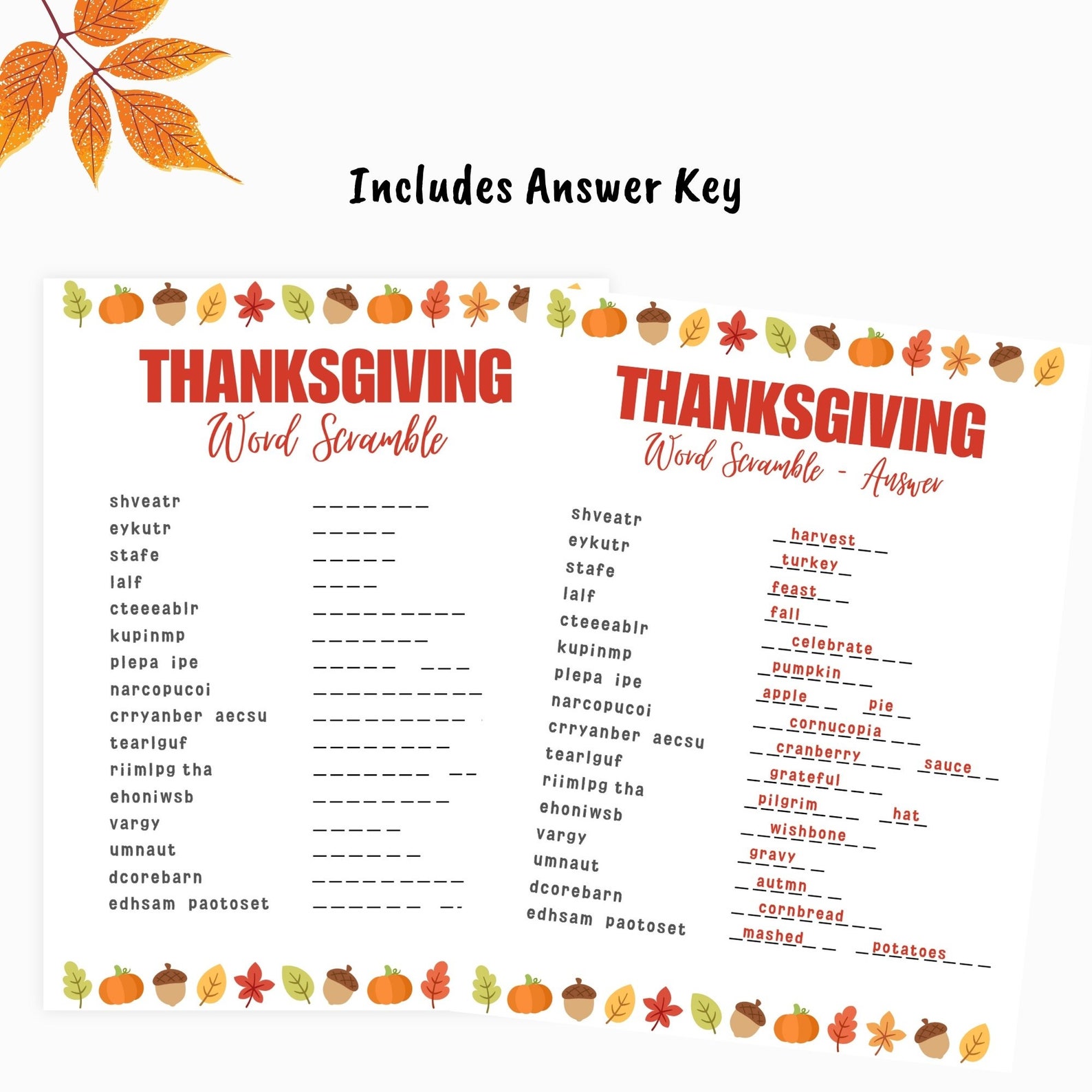 Printable Thanksgiving Word Scramble Game, Word Scramble With US Letter ...