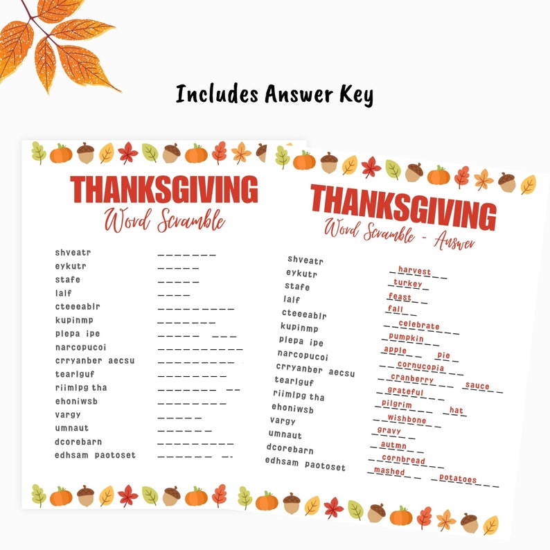Printable Thanksgiving Word Scramble Game, Word Scramble With US Letter ...
