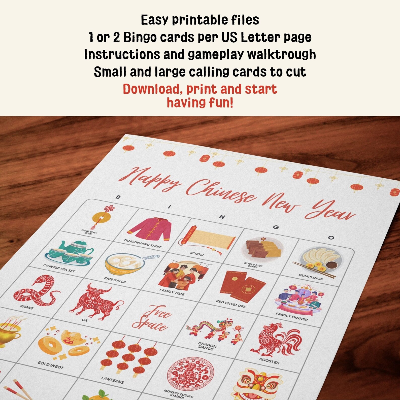 Chinese New Year Bingo Game for Kids and Adults, 50 Lunar New Year ...